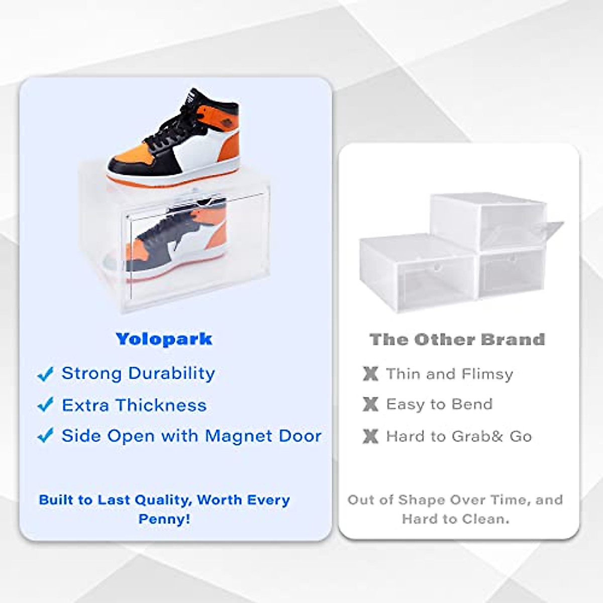 YOLOPARK Shoe boxes X-Large Clear Plastic Stackable Side Door Sneaker Display Case Pack of 4, Shoe Containers for Closet with Lids Shoe Storage Boxes Fit Size Up to US Men's 14 (4 Pack Clear)