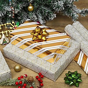 AUCLAY Reversible Wrapping Paper for Birthday Christmas Wedding Baby Shower Holiday - Gold Foil Stripe and Geometric Design - All Occasion Gift Wrap Paper Roll, 17.7 Inch X 33 Feet