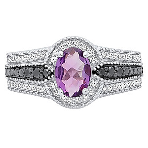 Dazzlingrock Collection Sterling Silver 7X5 Oval Cut Amethyst & Round Black & White Diamond Engagement Ring, Size 5