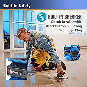 Lasko X-Blower 6 Position High Velocity Pivoting Utility Blower Fan for Cooling, Ventilating, Exhausting and Drying, 3 Speeds, AC Outlet, Circuit Breaker with Reset, USB Port, 11", Blue, X12905