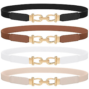 TRIWORKS 4 Pack Women's Elastic Skinny Belt Fashion Alloy Buckle Stretchy Thin Waist Belts for Dresses Black/Brown/White/Beige