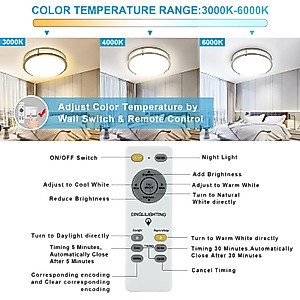 DLLT 30W Modern Dimmable LED Flush Mount Ceiling Light Fixture with Remote-13.31 Inch Round Close to Ceiling Lights for Living Room/Kitchen/Bedroom/Dining Room, 3000K-6000K 3 Light Color Changeable