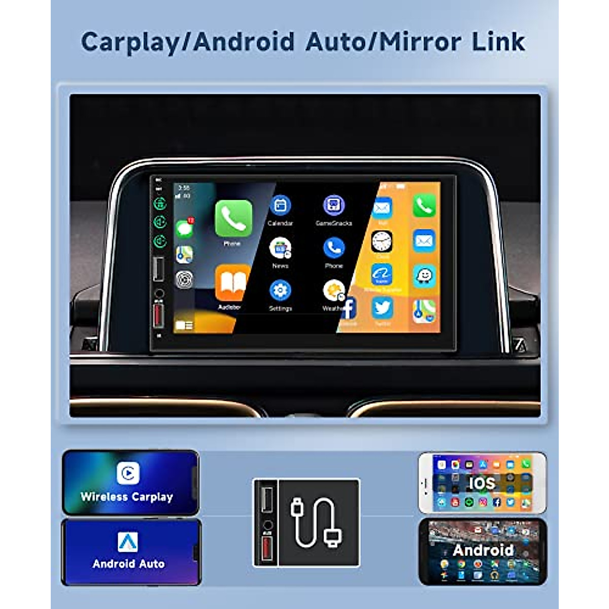 Double Din Car Stereo Car Radio Apple Carplay, Rimoody 7 Inch Touch Screen Car Radio with Bluetooth FM Radio Mirror Link TF/USB/AUX Input SWC Car Multimedia Player + Backup Camera