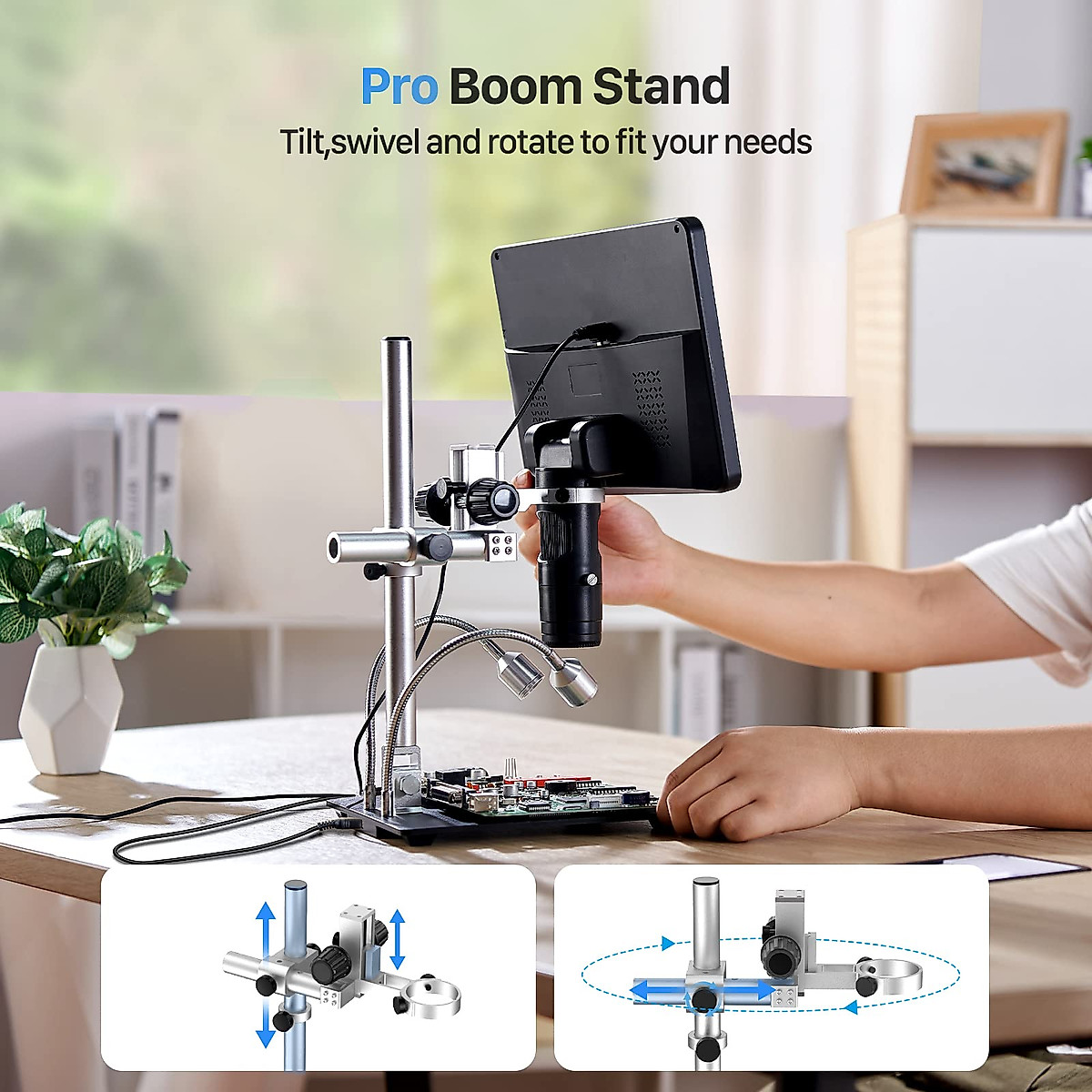 TOMLOV DM602 Pro 10.1" HDMI Digital Microscope 2000x, Pro Boom Arm Stand, LCD Soldering Microscope with 3 Lens, Adults Microscope for Electronics Repair, Coin Microscope Ring Light, PC Compatible, 64G