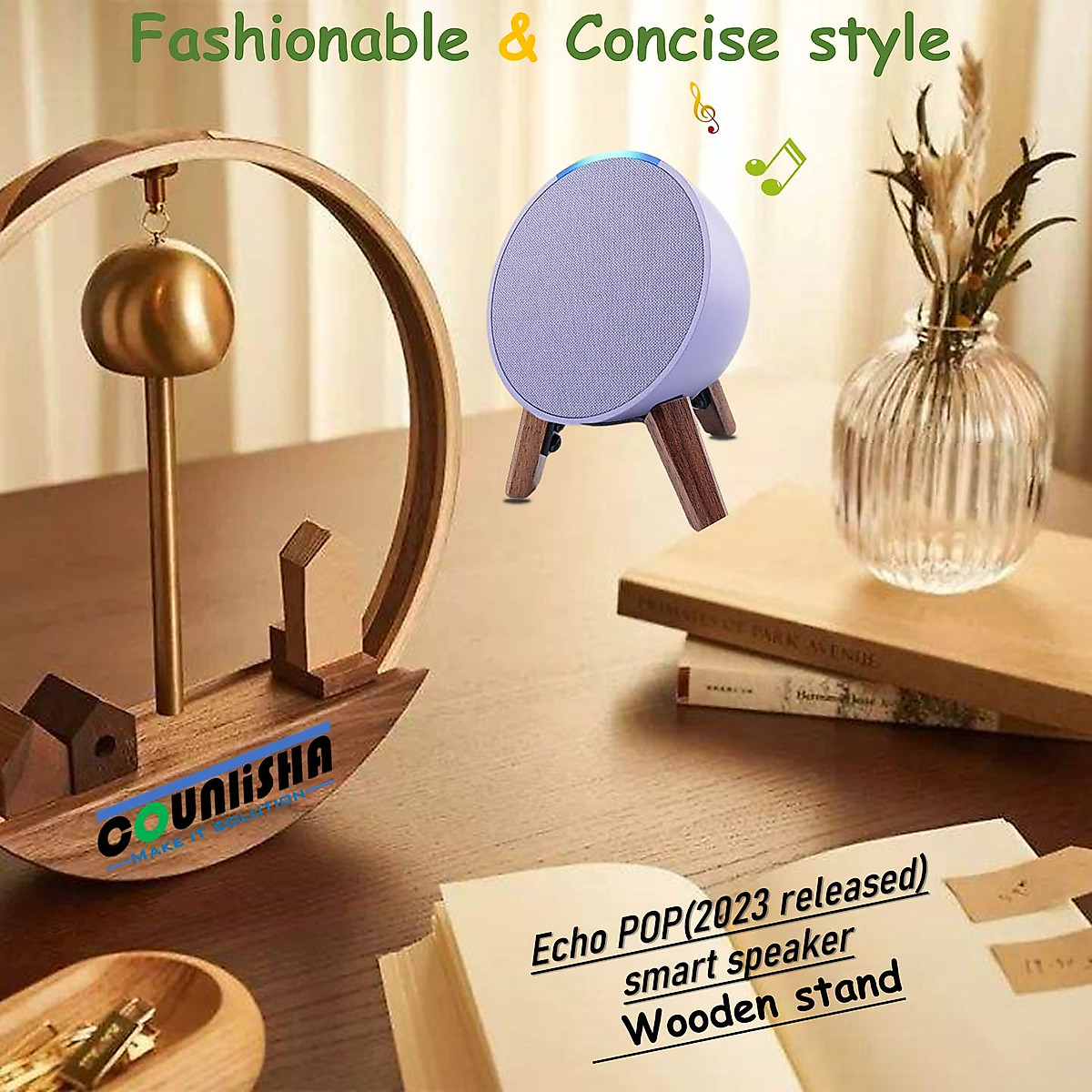 Real Wood Stand for Echo Pop Speaker (Newest Model),Tripod Accessories Holder for Better Sound,Secure Sturdy Wooden Table Mount for Alexa Pop (Walnut)