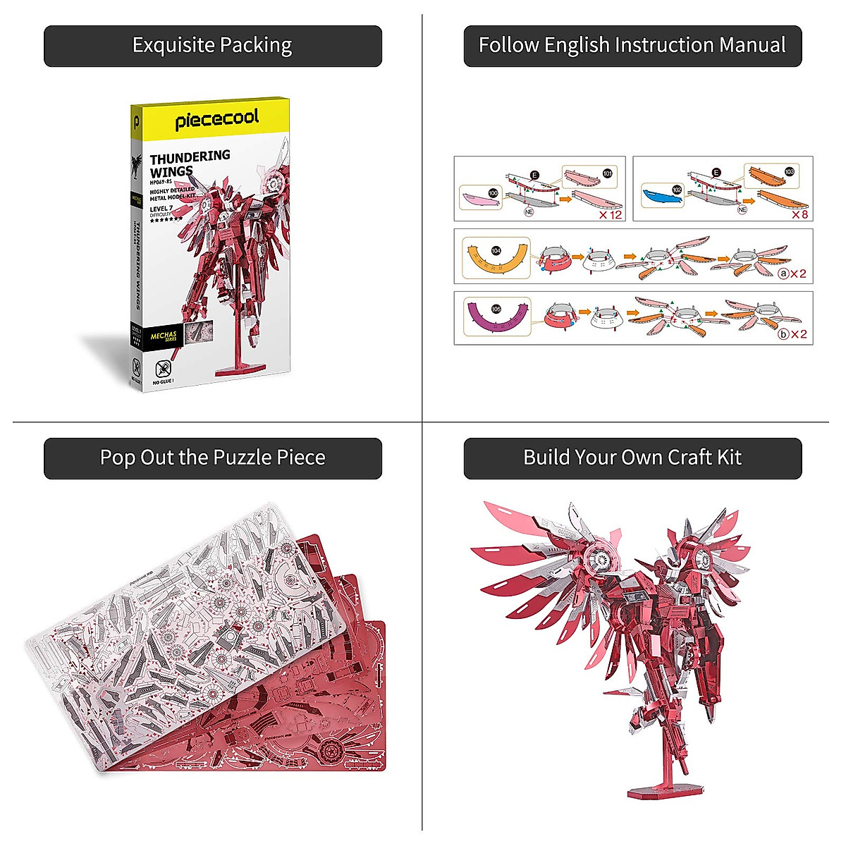 Piececool 3D Metal Puzzles for Adults, Thundering Wings Figure Mecha Model Kits Steel Metal 3D Model Building Blocks, Brain Teaser DIY Learning Toys for Teens Man Woman, 215 Pcs