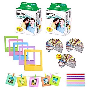 Fujifilm Instax Square Instant Film (2 Packs, 40 Sheets) 5 Plastic Desk Frames + 10 Assorted Color Hang Clips with String + 60 Sticker Frames + 1 Pack Corner Stickers