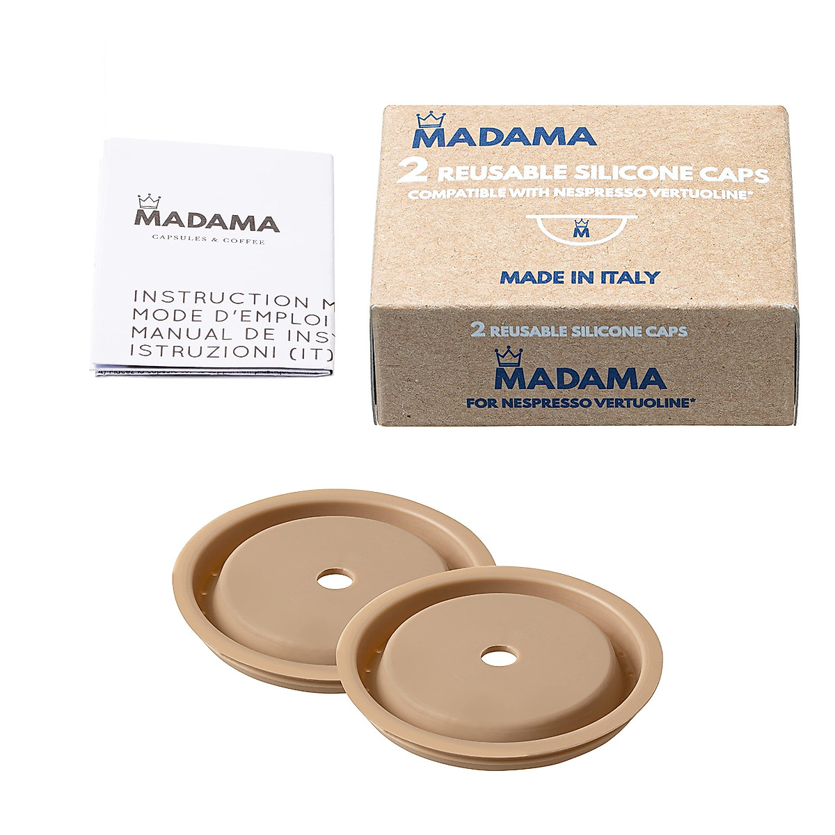 Madama - Reusable Cap for Nespresso Vertuo and VertuoLine Capsules, Refillable and Compatible. Food grade silicone. 100% Made in Italy. Pack of 2 caps.