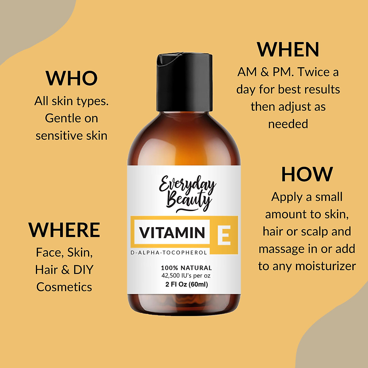Pure Vitamin E Oil - D-Alpha Tocopherol 100% Pure & All Natural 2oz 42,500 IU per oz - Thick, Amber Color, Nutty Aroma - From Wheat Germ -Face Body Hair -DIY Cosmetics & After Surgery Scars