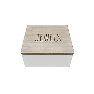 Rae Dunn White Jewelry Box with Natural Wood Lid - Wooden Jewelry Organizer Case for Earring, Necklace, Ring, Watch, Keepsake, Small Accessories - Bedroom Decor and Vanity Storage Organizers "Jewels"