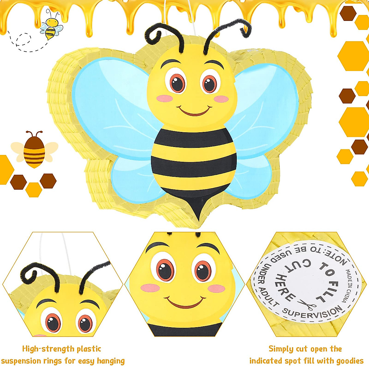 Capoda Bees Themed Piñata Bees Themed Party Piñata with Blindfold and Stick for Gender Reveal Party Baby Shower Birthday Animal Theme Party Game Activity Decoration