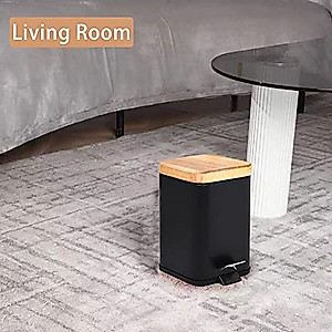 Mini Bathroom Trash Can with Bamboo Lid Soft Close, 0.8 Gal / 3 L Square Step Garbage Container Bin with Removable Inner Wastebasket for Bedroom, Kitchen, Office (Black)