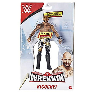 WWE MATTEL GNK09 Wrekkin' Ricochet 6 Inch Action Figure with Pull-Back Activated Moves and a Wreckable Accessory, Multi