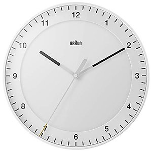 Braun Classic Large Analogue Wall Clock with Silent Sweep Movement, Easy to Read, 30cm Diameter in White, Model BC17W.