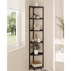 Hzuaneri Corner Shelf Stand, Corner Bookshelf, Storage Standing Shelf Unit with Metal Frame, Plant Stand, Corner Bookcase for Living Room, Home Office, Bedroom, 6-Tier Black CS06006B