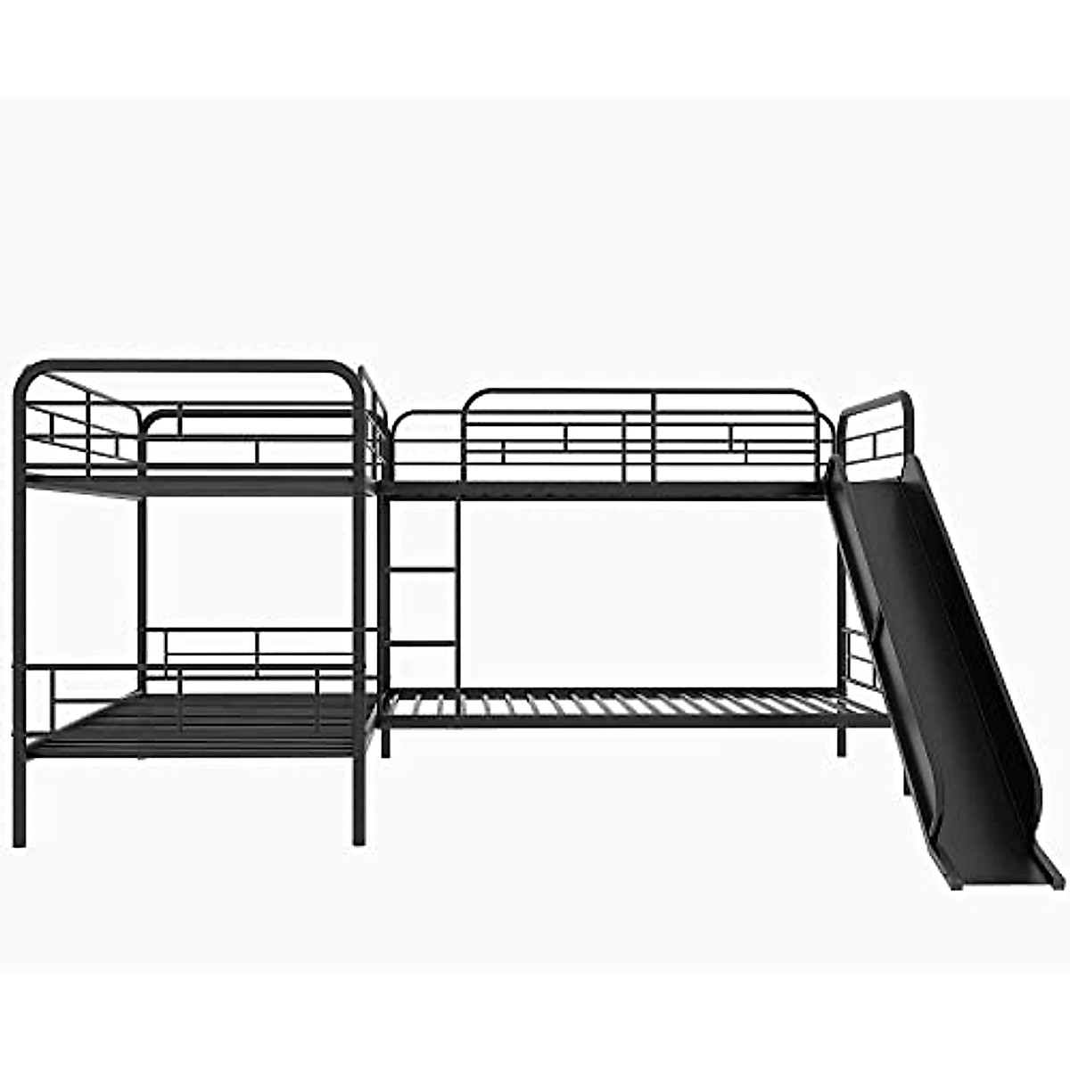 Tulib Twin Size L-Shaped Bunk Bed with Slide, Metal Bunkbed Frame w/Ladder & Safety Guardrail for 4, Bedroom, Home, No Spring Box Needed, Black
