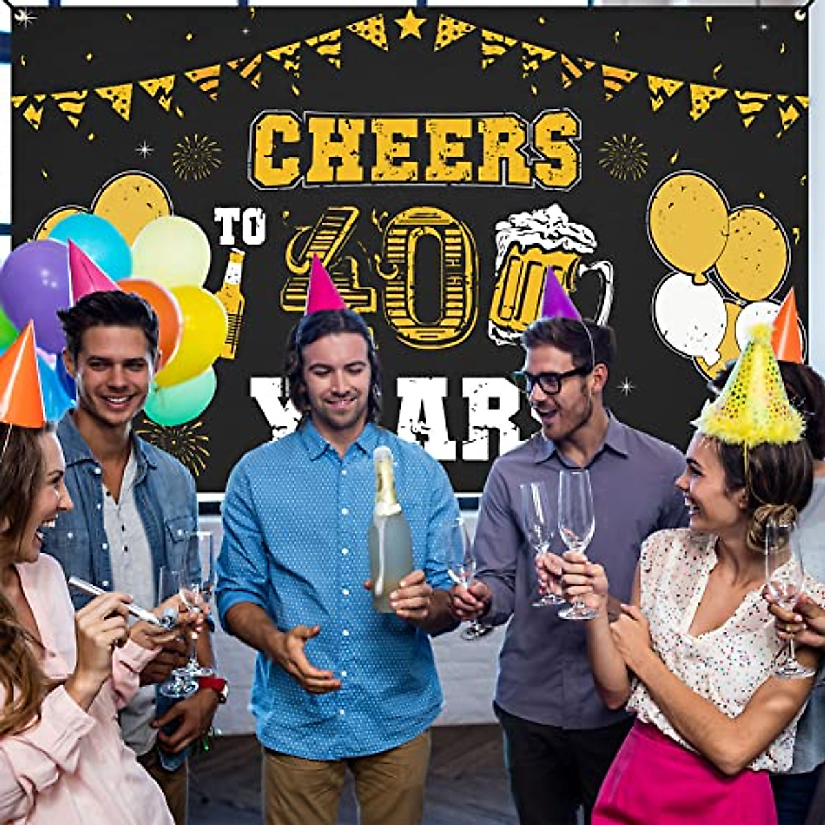 DARUNAXY 40th Birthday Black Gold Party Decorations, Cheers to 40 Years Banner for Men 40 Year Old Birthday Party Supplies, Large Fabric 40 Birthday Backdrop Photography Background for Women