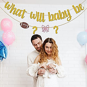 Dalaber What Will Baby Be Banner, Footballs or Bows Bunting Banner for Baby Shower Gender Receal Party Decoration, Boy or Girl/He or She/Brother or Sister Gender Reveal Party Supplies