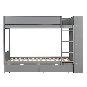 Harper & Bright Designs Twin Over Twin Bunk Beds with Storage Drawers & Bookshelves, Wood Bunk Bed Frame with Guardrails & Ladder for Kids, Teens, Adults (Gray)