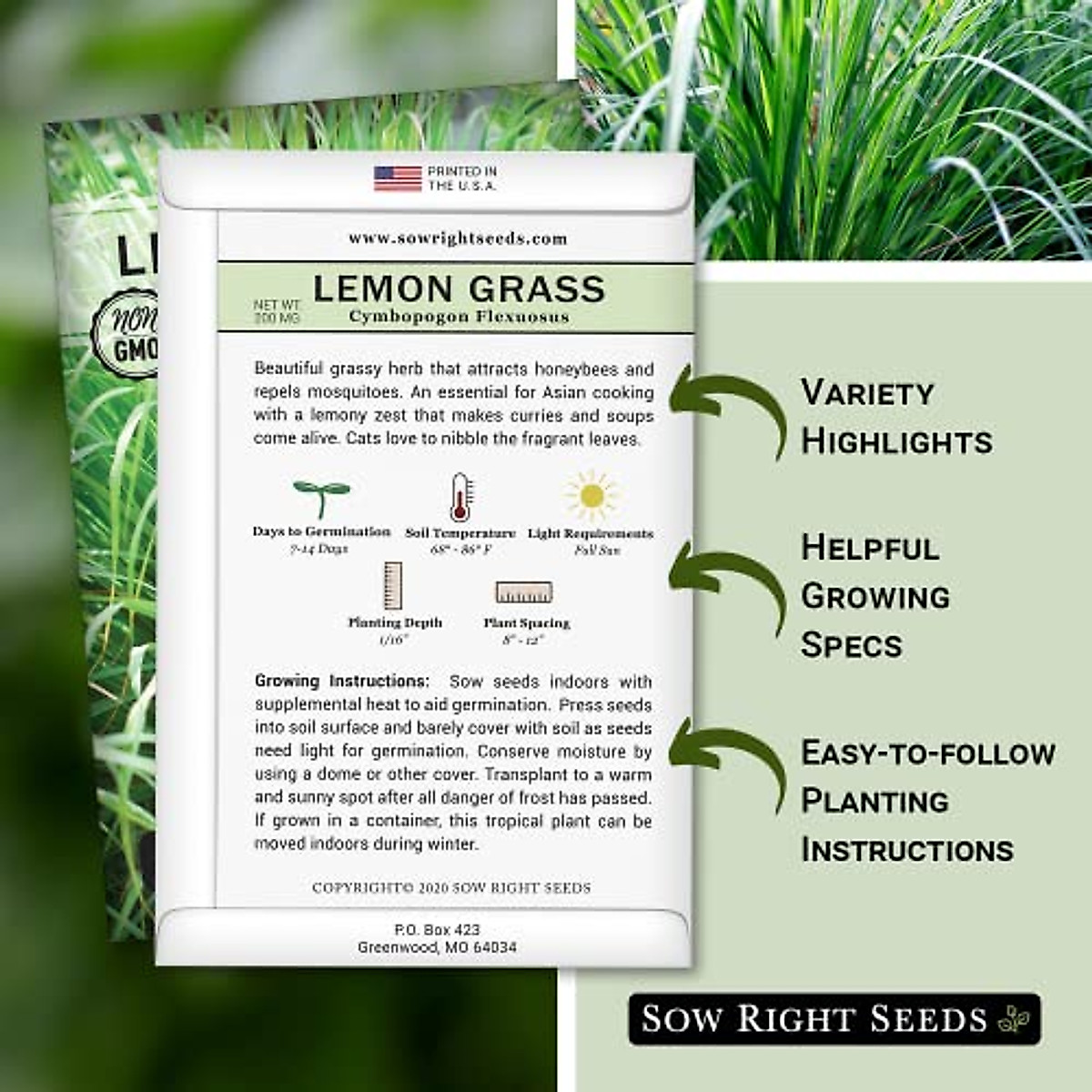 Sow Right Seeds - Lemon Grass Seed for Planting - Non-GMO Heirloom Seeds - Full Instructions for Easy Planting and Growing an Herb Garden, Indoor or Outdoors; Great Gardening Gift (2)