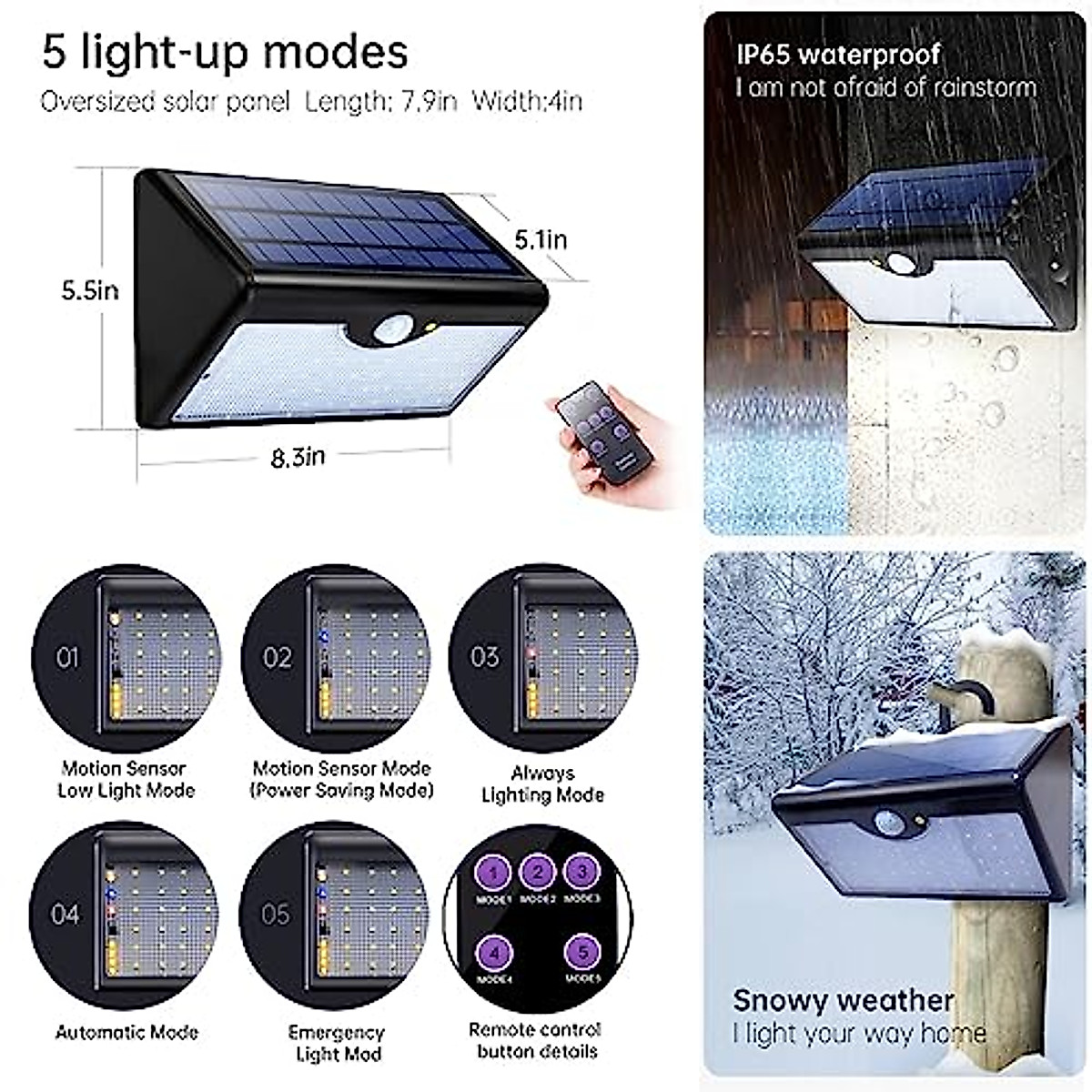 HVIKOV Motion Sensor Light Outdoor, 60 Led Solar, 5 Modes Remote Control,1300LM Waterproof Wide Angle, Wireless Super Bright Security Wall Lights for Driveway, Wall, Patio, Yard, Garden（Black）