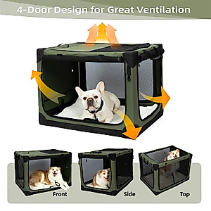 Pettycare 36 Inch Stainless Steel Collapsible Dog Crates for Large Dogs, 4-Door Soft Sided Kennel for Travel, Portable Foldable Pet Crate with Durable Mesh Windows, Indoor & Outdoor, Olive Green