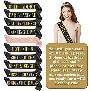 10 Pack Birthday Sash for Women Group,Happy Birthday Party Supplies Sashes Favors Decorations for Women,Birthday Squad Girls Glitter Sash Set,9 Funny Sashes,1 Birthday Girl Sash(Black and Rose Gold)
