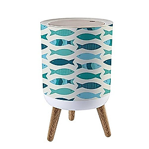 Trash Can with Lid Coastal Fish Seamless Blue and Teal Green Fish on a Light Sand Modern Press Cover Small Garbage Bin Round with Wooden Legs Waste Basket for Bathroom Kitchen Bedroom 7L/1.8 Gallon
