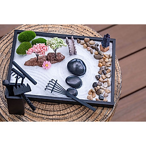 Zen Garden for Desk – 21pc. Japanese Zen Sand Garden Kit for Home, Office Desktop, Beautiful Gift, Therapy, Meditation Mini Decor Set– 11x8in. Large Sand Tray, Rocks, Black Rake Tools & Accessories
