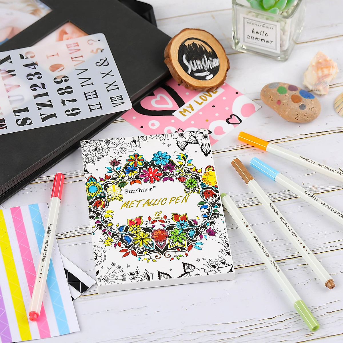 Sunshilor Metallic Markers Fine Point Metallic Marker Pens for Black Paper, Art Rock Painting, Easter Egg, Halloween Pumpkin, Card Making, Metal, Ceramics, Wine Glass, Set of 12