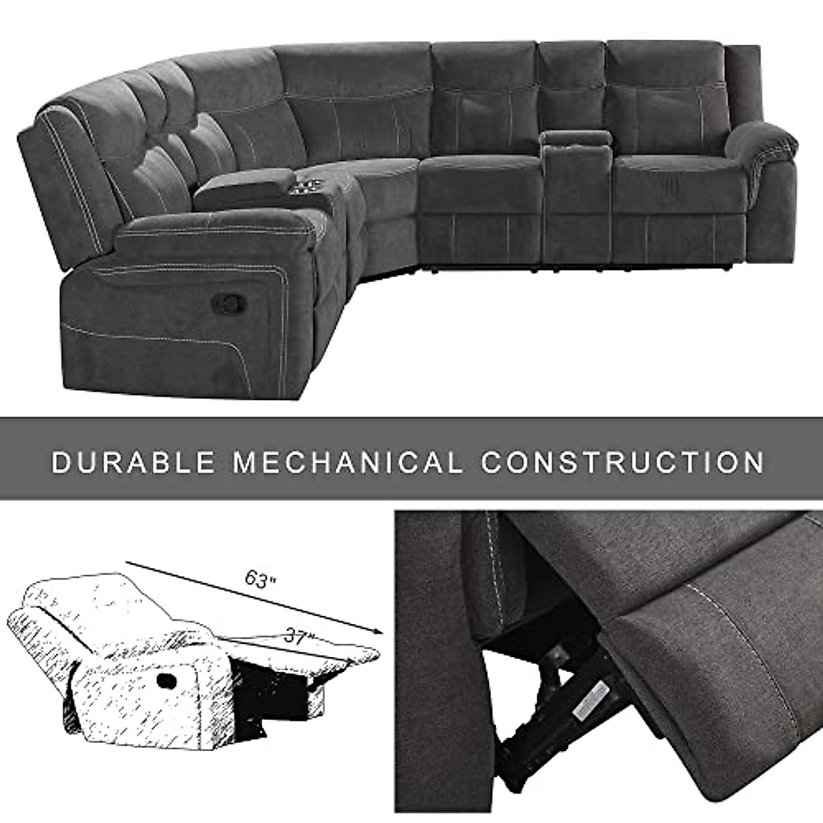 FREESNOOZE Manual Reclining Sectional Sofa Recliner Sofa with Cup Holder and Storage Console for Living Room Furniture(Fabric Grey)