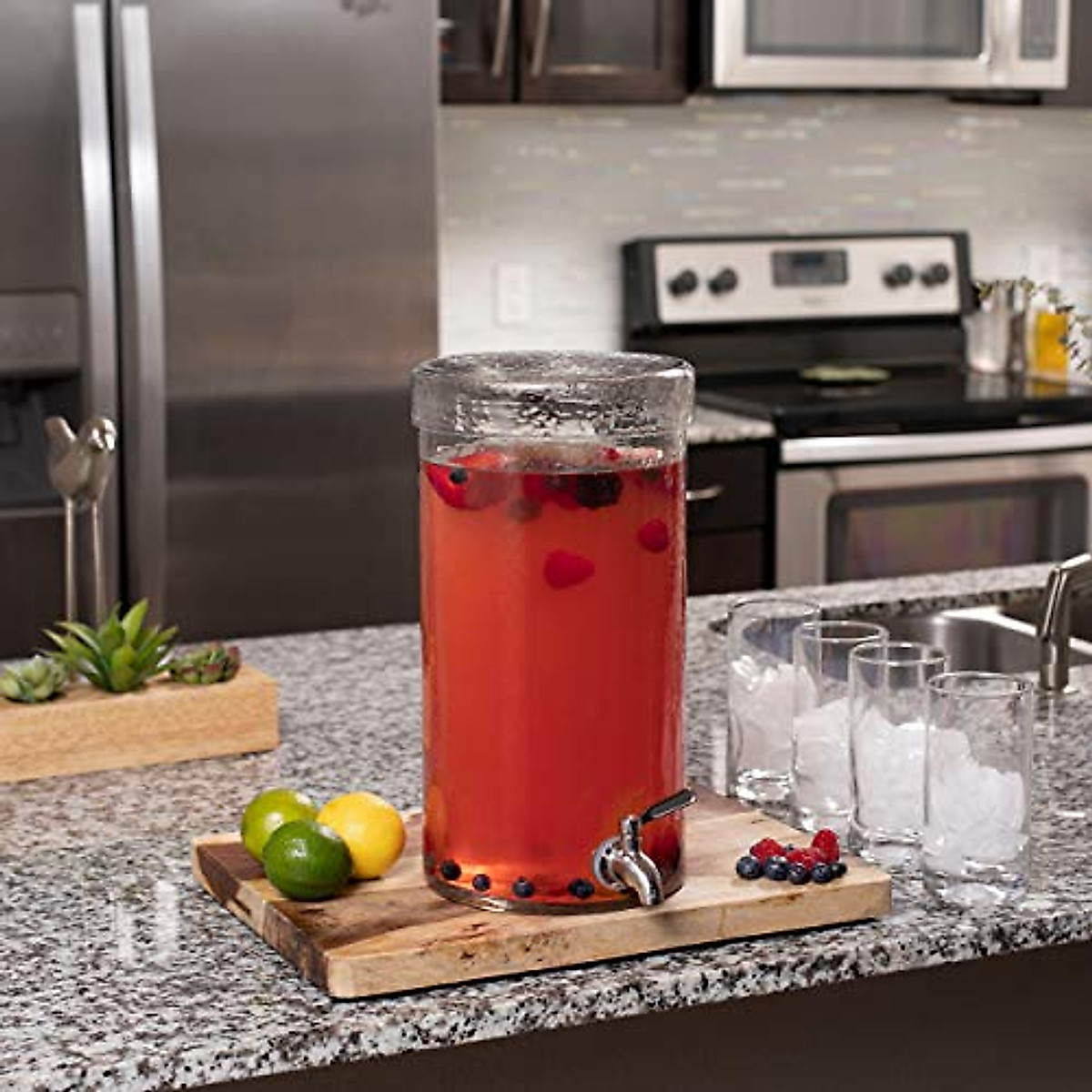 BIRDROCK HOME 1.5 Gallon Beverage Dispenser with Lid - Hammered Glass - Stainless Steel Spigot - Decorative Round Jar for Drinks - Lemonade Sangria Tea Water Drink Jar Jug - Home Parties