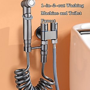 1-In-2-Out Dual Control Valve, 1-In-2-Out Washing Machine and Toilet Faucet, Dual Control Valve for Bidet, Bathroom Faucet Double Handle Dual Control with Pull Out Sprayer (1 Set Silver)