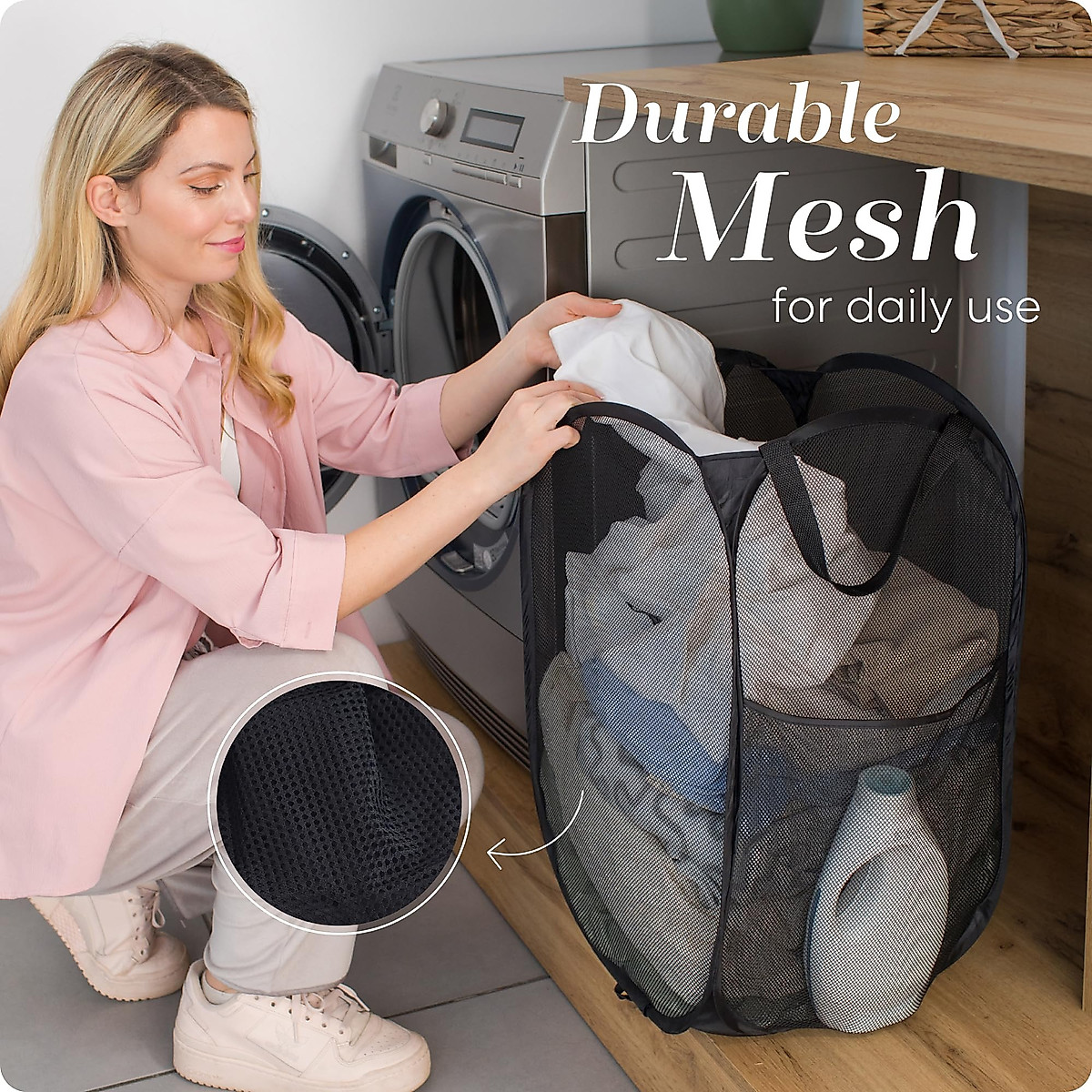 Handy Laundry Mesh Popup Hamper – Foldable Lightweight Basket for Washing – Durable Clothing Storage for Kids Room, Students College Dorm, Home, Travel & Camping – Black Pop-up Clothes Hamper