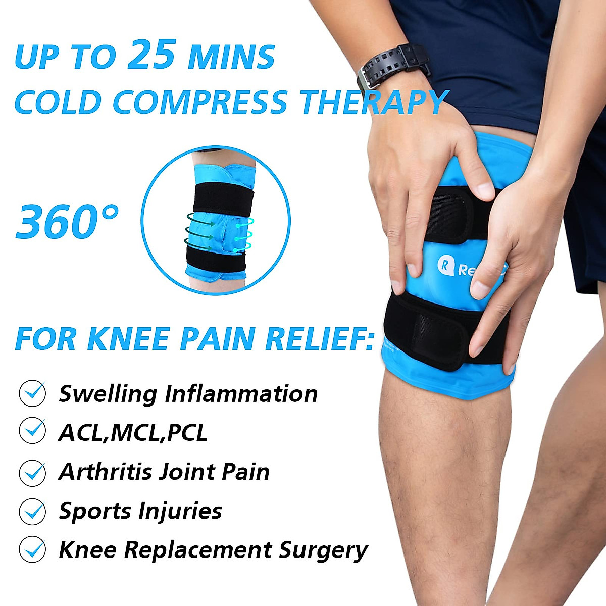 RelaxCoo XXL Knee Ice Pack Wrap Around Entire Knee After Surgery, Gel Ice Pack for Knee Injuries Reusable, Large Cold Pack for Pain Relief, Swelling
