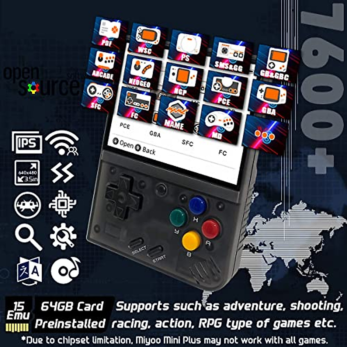 Miyoo Mini Handheld Game Console Portable Retro Games Consoles Rechargeable Battery Hand Held Classic System Black Transparent with Case