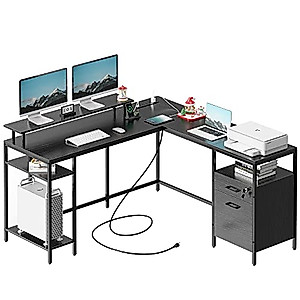 SUPERJARE Reversible Computer Desk with Power Outlets & File Cabinet, L Shaped Desk with Monitor Stand & Storage Shelves, Corner Desk Home Office Desk, Black