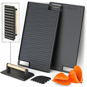 Cast Iron Griddle, Reversible Grill/Griddle + Cast Iron Press + Pan Scraper + Pinch Mitts, Grill Pan For Stove Top, Gas Grill, Indoor & Outdoor Cooking - Pre Seasoned & Non-stick (9.5" x 16.75")