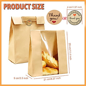50 Pack Kraft Sourdough Bread Bags with Thank You Stickers,Large Paper Bakery Bags with Clear Window for Homemade Bread, Baked Food Packaging Storage,Bread Bags(13.7x8.2x3.5 inch) (Brown)
