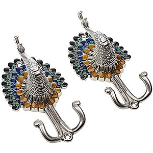 2pcs Peacock Metal Double Hanger Hook Double Head Wall-Mounted Coat Towel Hanger Hook - Silver