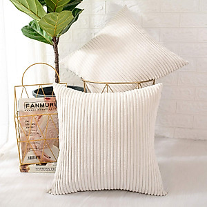 MERNETTE Pack of 2, Corduroy Soft Decorative Square Throw Pillow Cover Cushion Covers Pillowcase, Home Decor Decorations for Sofa Couch Bed Chair 18x18 Inch/45x45 cm (Striped Cream)