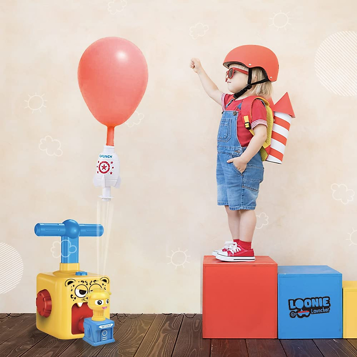 LOONIE LAUNCHER Balloon Launcher Car Toy Set, Balloon Powered Aerodynamic Racers, STEM Toys Party Supplies Preschool Science Racer Kit w/Manual Balloon Power Pump for Kids Boys Girls 3+ (Space Toys)