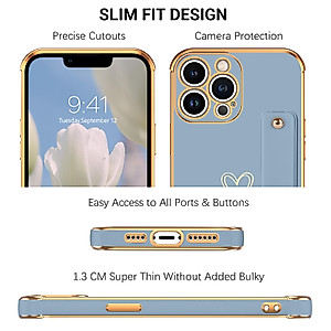 BENTOBEN for iPhone 13 Pro Max Phone Case, Cute Heart Adjustable Strap Wristband Kickstand Holder Shockproof Protective Soft TPU Luxury Plating Raised Trim Girls Women iPhone 13 Pro Max Case, Gray