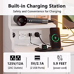 White Vanity Desk with Mirror, Lights and Charging Station - Large Makeup Table Set with RGB Cabinets and 3 LED Light Modes