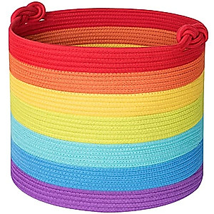 MINTWOOD Design 15 x 14.2 Inches Woven Cotton Rope Storage Basket, Stuffed Toy Basket Bin, Laundry Basket Hamper, Nursery Basket, Dog Toy Basket, Blanket Basket, Gift Basket, Rainbow