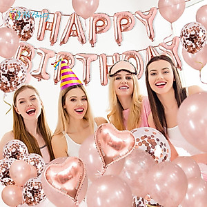 40pcs Pink Rose Gold Birthday Decorations, 3D Mylar Foil Happy Birthday Banner and 18inch Big Heart Star Confetti Latex Balloons, Ecofriendly Party Decorations Supplies for kids Girls Women