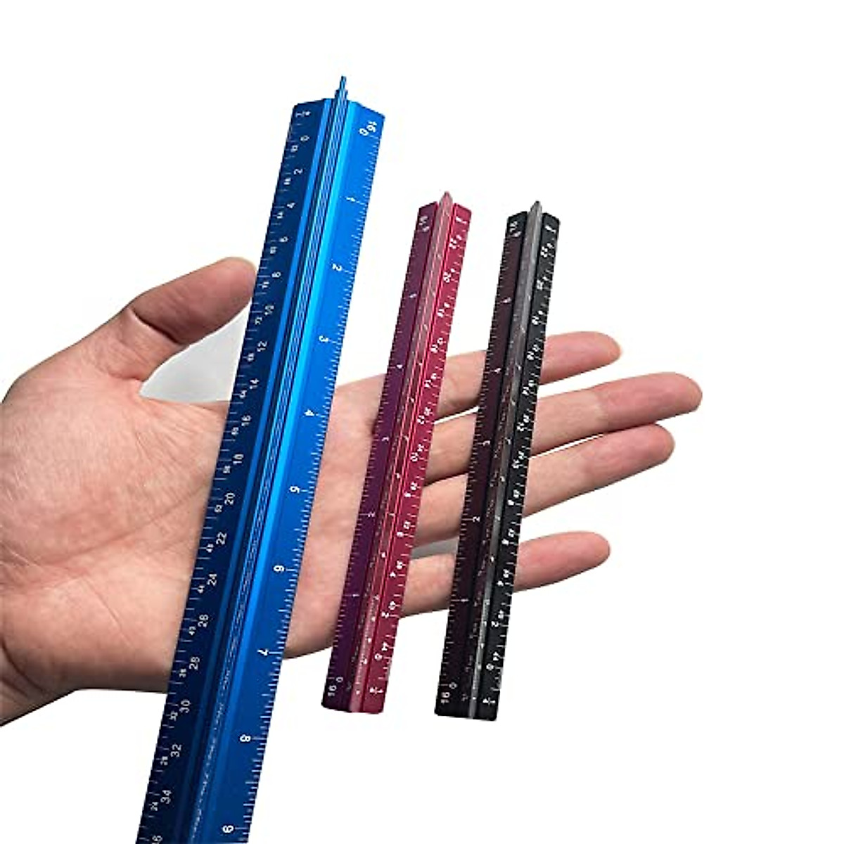 3 Pack Architectural Scale Ruler, YIFARUBE 12"/ 6" Aluminum Architect Triangular Ruler, Professional Measuring Kit for Architect, Civil Engineer & Draftsman (Black, Red & Blue)