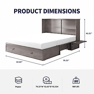 ijuicy Cube Murphy Bed Queen, Murphy Cabinet Chest Bed with Charging Station & 3 Level Foldable Memory Foam Mattress & & Large Drawer for Guests Room (Poplar Grey)