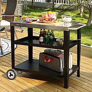 Royal Gourmet PC3404S Rolling Dining Table with Trash Bag Holder, Outdoor Garden Patio BBQ Kitchen Food Prep Table Cart, 34"L x 20"W Stainless Steel Tabletop, Silver & Black