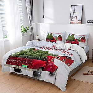 4 Pieces Bedding Sets Vintage Farm Truck and Red Barn California King Duvet Covers with Soft Flat Comforter Cover Sheet Bedspread Pillowcases for Bedroom Green Christmas Trees in Snowy Winter